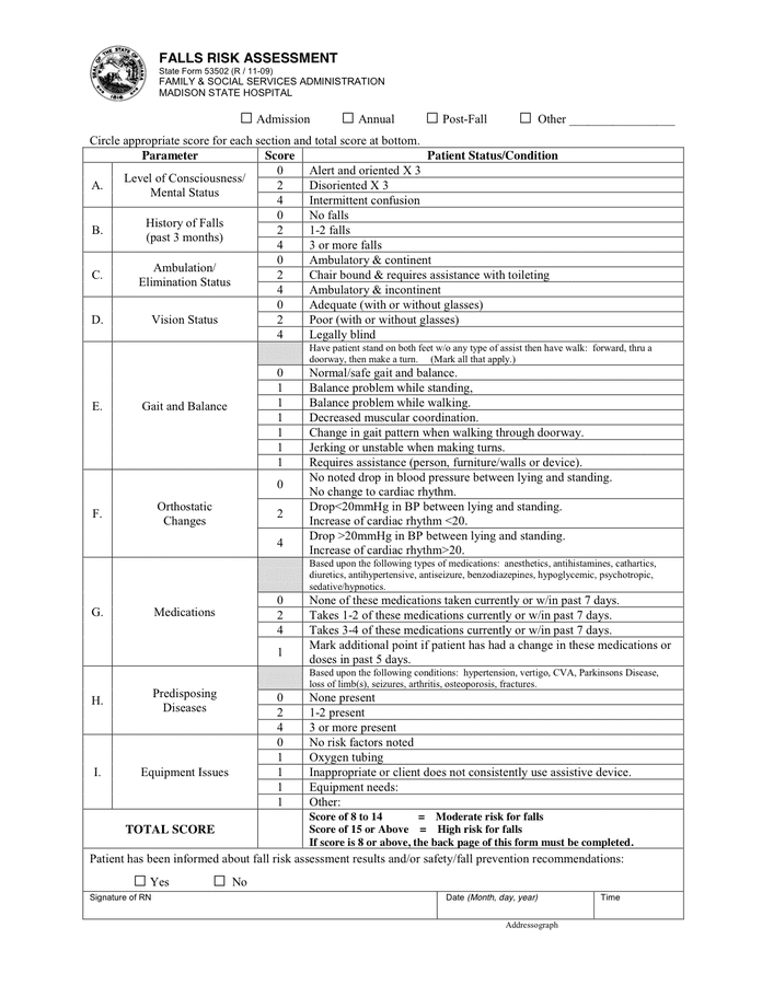 Fall Risk Assessment Form In Word And Pdf Formats