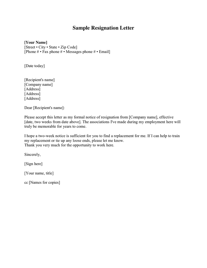 Resignation Letter in Word and Pdf formats Resignation Letter in Word and Pdf formats