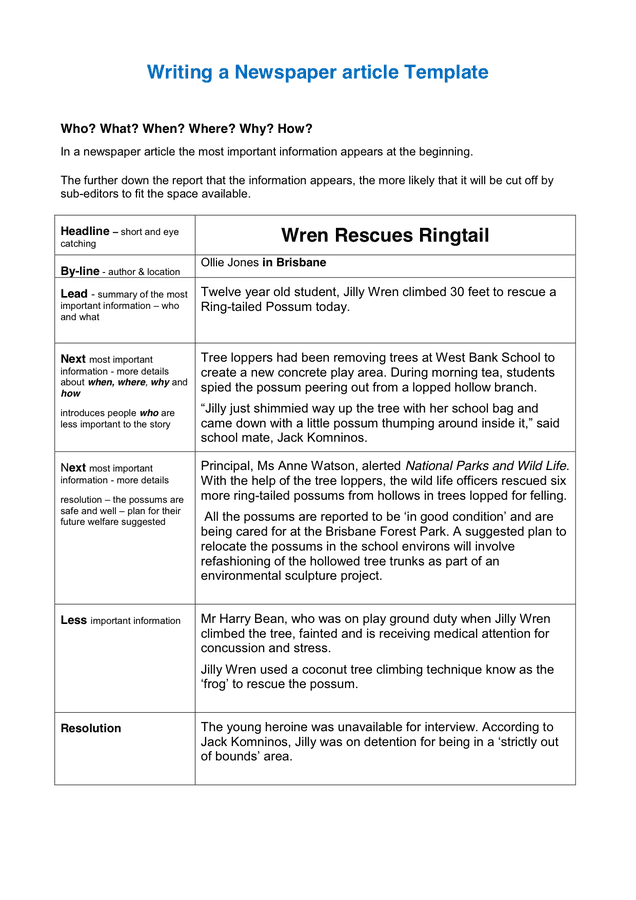 Writing a Newspaper article Template in Word and Pdf formats Writing a Newspaper article Template in Word and Pdf formats