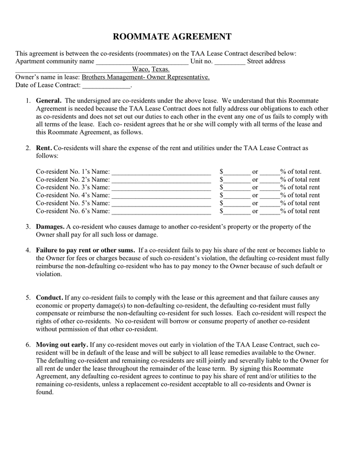 Roommate Agreement In Word And Pdf Formats