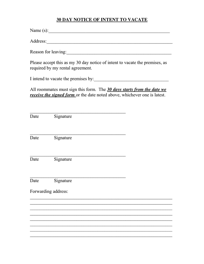 30 Day Notice Of Intent To Vacate In Word And Pdf Formats