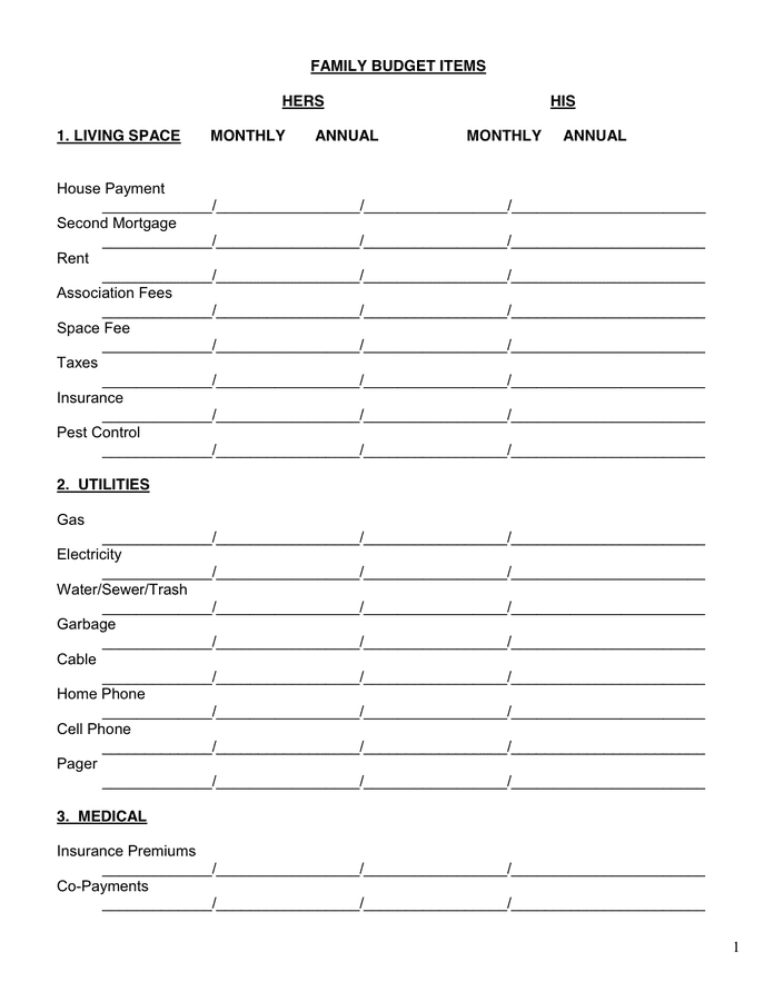 Household Budget Items In Word And Pdf Formats