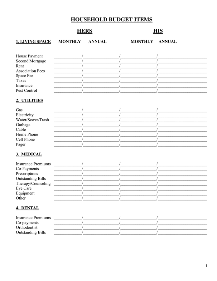Household Budget Items In Word And Pdf Formats