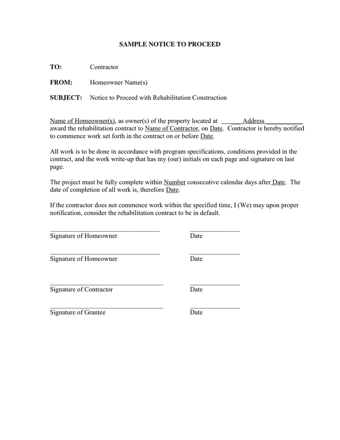 Notice To Proceed In Word And Pdf Formats