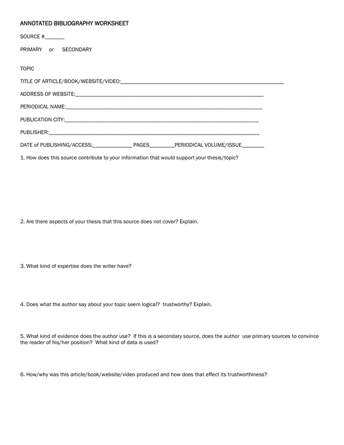 ANNOTATED BIBLIOGRAPHY WORKSHEET In Word And Pdf Formats Page 2 Of 4