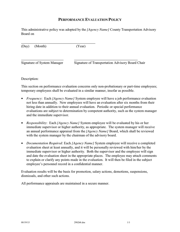 SAMPLE PERFORMANCE EVALUATION POLICY In Word And Pdf Formats