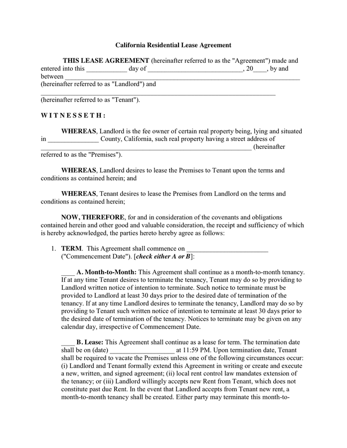 California Residential Lease Agreement In Word And Pdf Formats