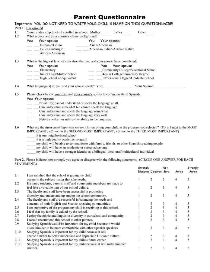 Parent Questionnaire In Word And Pdf Formats