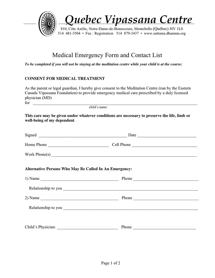 Medical Emergency Form And Contact List In Word And Pdf Formats