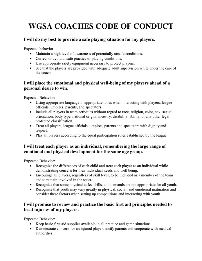 COACHES CODE OF CONDUCT In Word And Pdf Formats