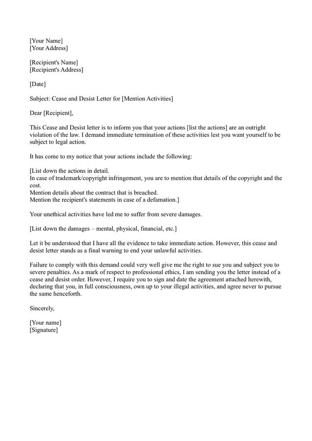 Cease And Desist Letter Template In Word And Pdf Formats