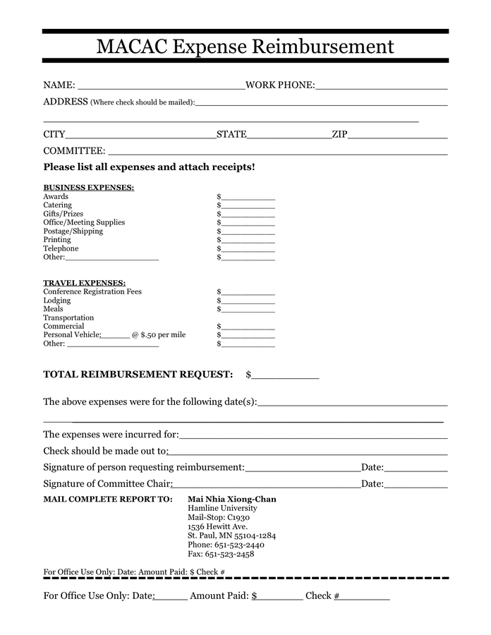 Expense Reimbursement Form In Word And Pdf Formats