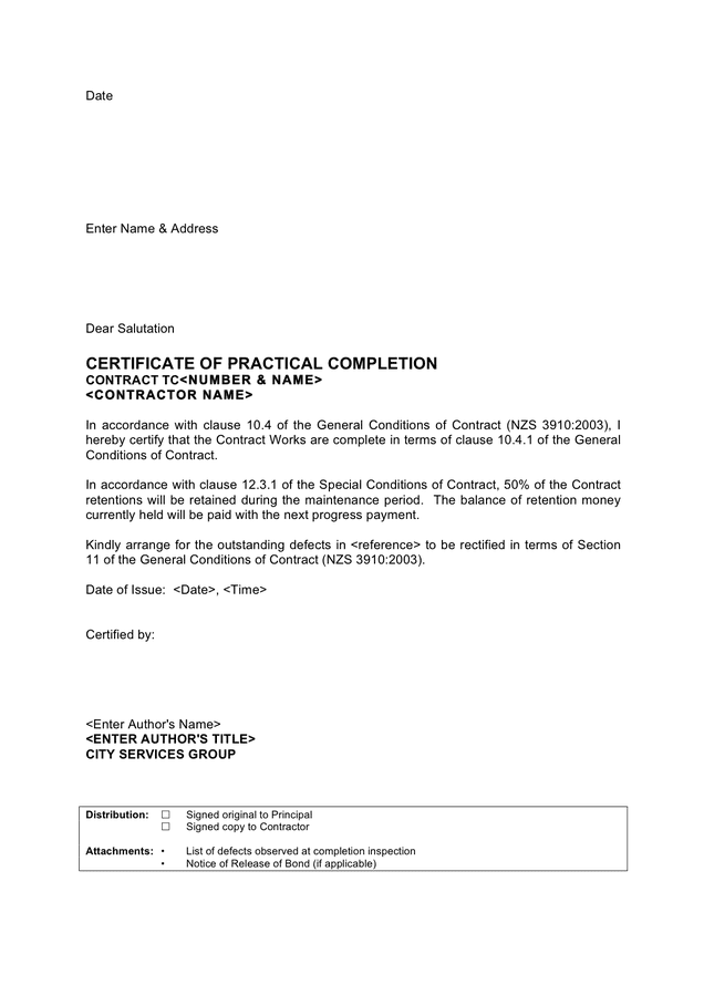 Letter Certificate Of Practical Completion New Zealand In Word And 