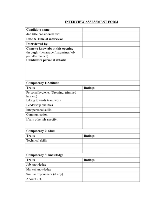 Interview Assessment Form In Word And Pdf Formats