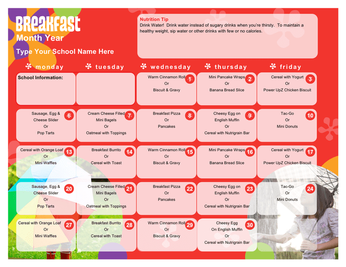 School Breakfast Menu Template In Word And Pdf Formats