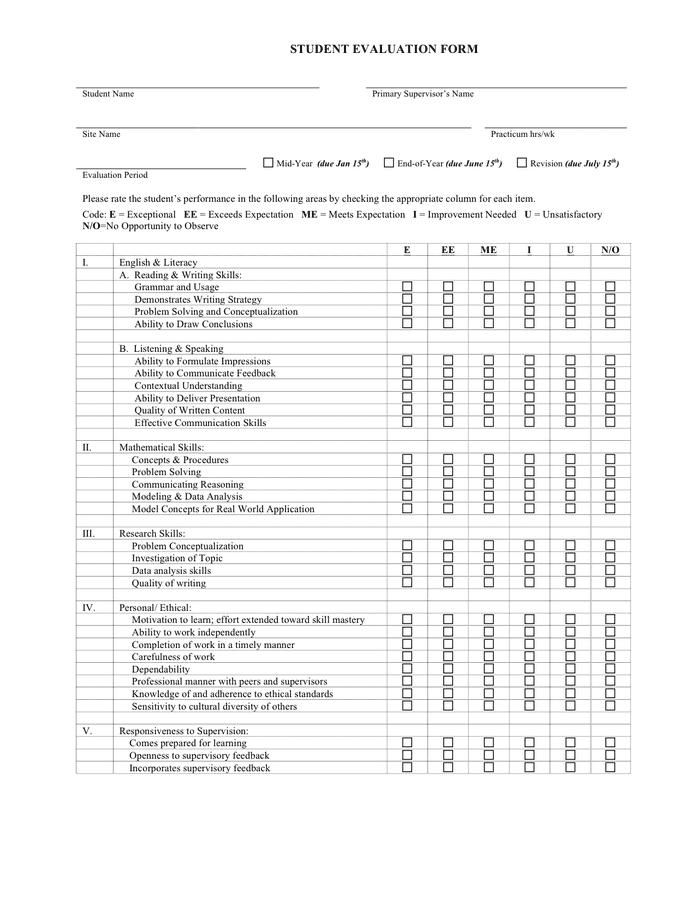 Student Evaluation Form Download Free Documents For PDF Word And Excel