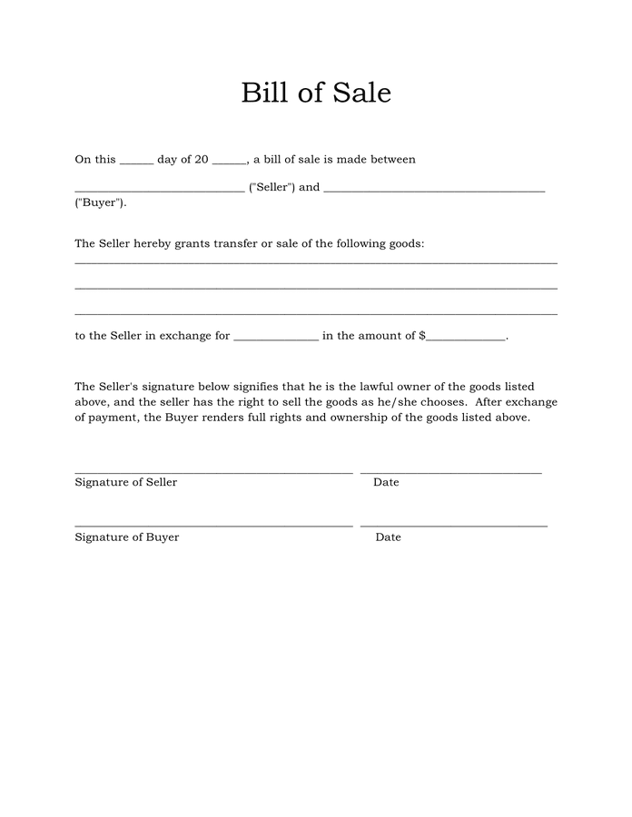 Simple Bill Of Sale Form In Word And Pdf Formats