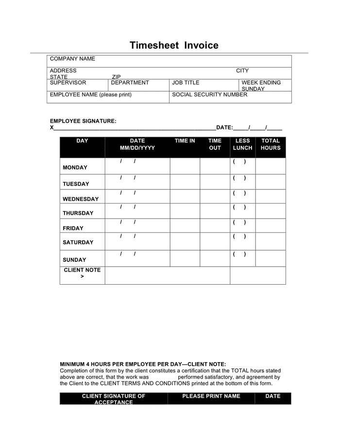 Timesheet Invoice Template In Word And Pdf Formats