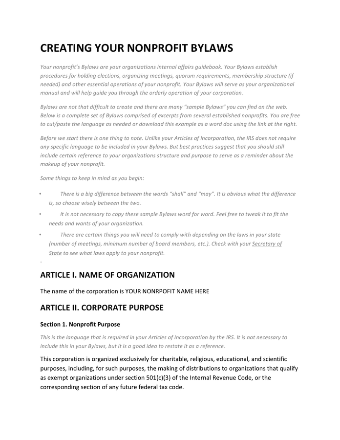 Nonprofits Bylaws Template In Word And Pdf Formats