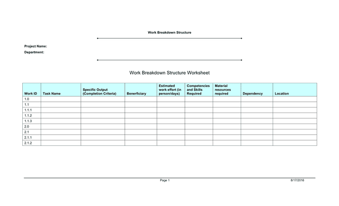 Work Breakdown Structure Worksheet In Word And Pdf Formats