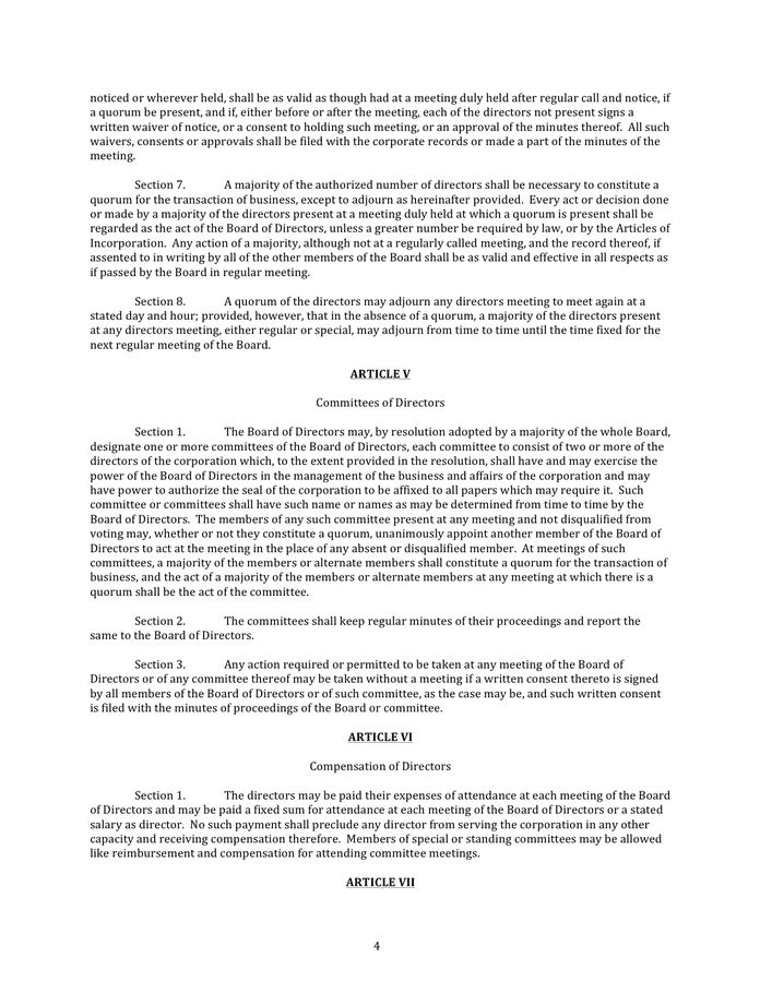 Corporate Bylaws Template Delaware In Word And Pdf Formats Page 4 Of 9