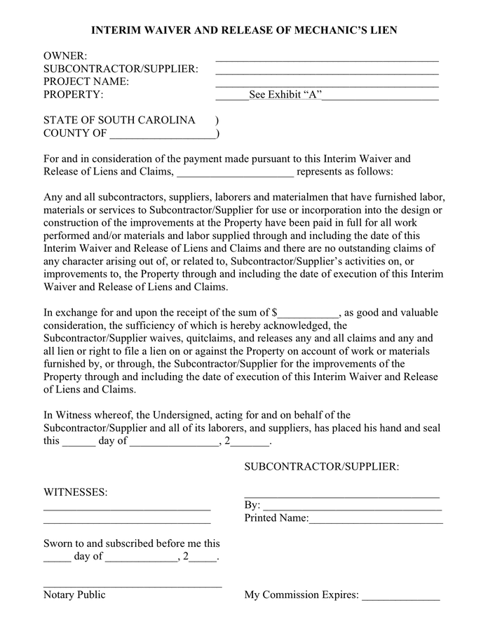 Interim waiver and release of mechanic's lien in Word and Pdf formats