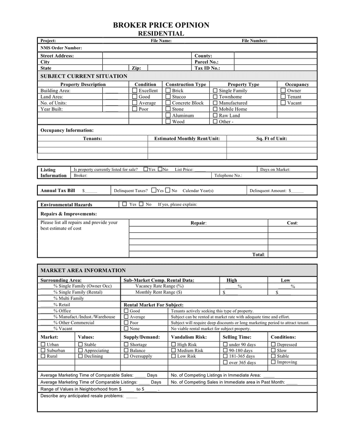 Residential Broker Price Opinion In Word And Pdf Formats