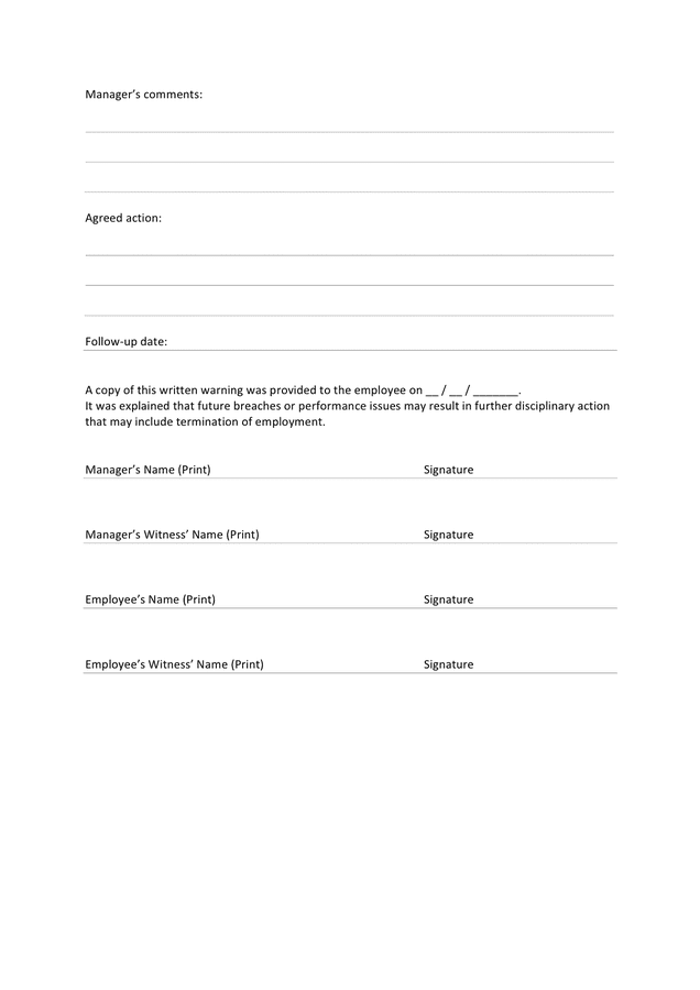 Formal Written Warning Form In Word And Pdf Formats Page 2 Of 2