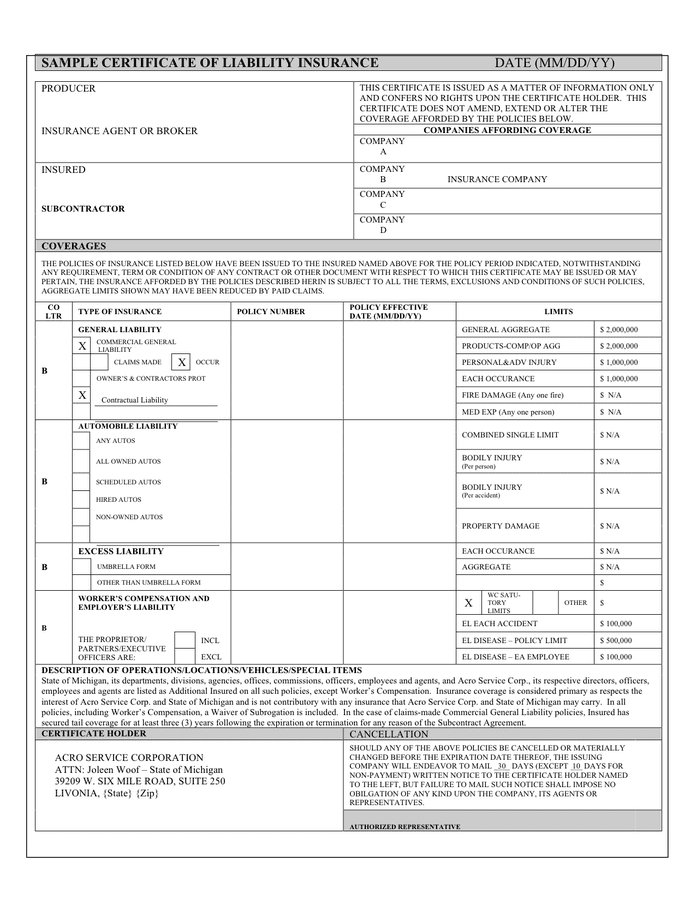 Sample Certificate Of Liability Insurance In Word And Pdf Formats