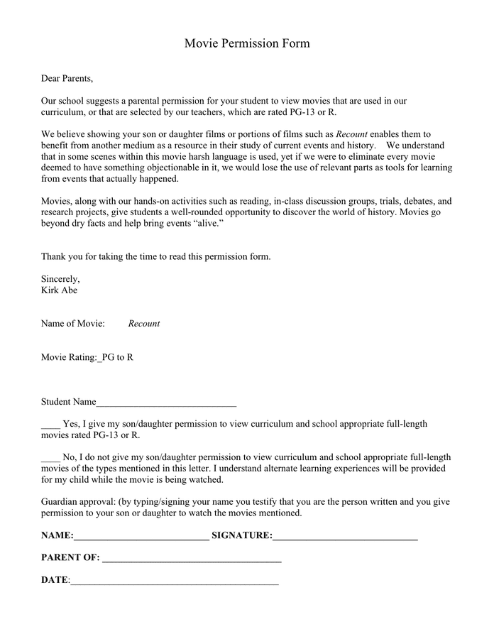 Movie Permission Form In Word And Pdf Formats