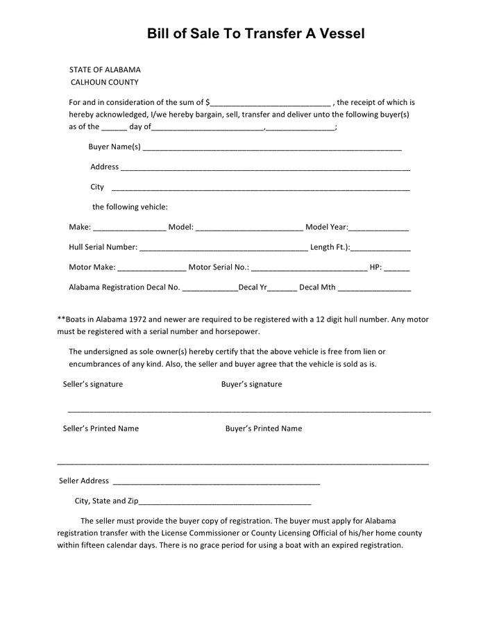 Bill Of Sale To Transfer A Vessel In Word And Pdf Formats