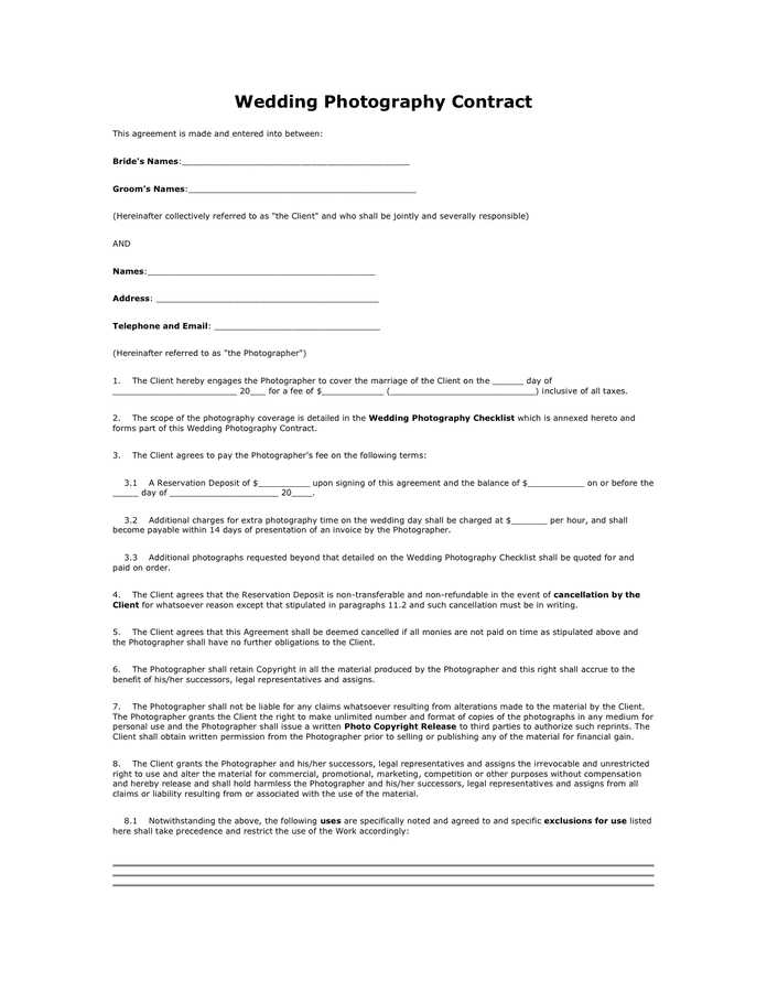Wedding Photography Contract In Word And Pdf Formats