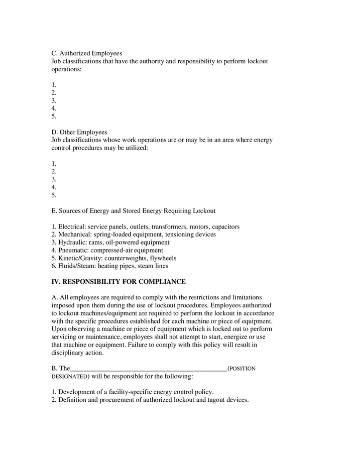 Hazardous energy control lockout / tagout program sample in Word and ... Hazardous energy control lockout / tagout program sample in Word and ...