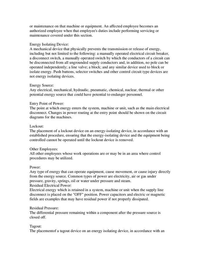 Hazardous energy control lockout / tagout program sample in Word and ...