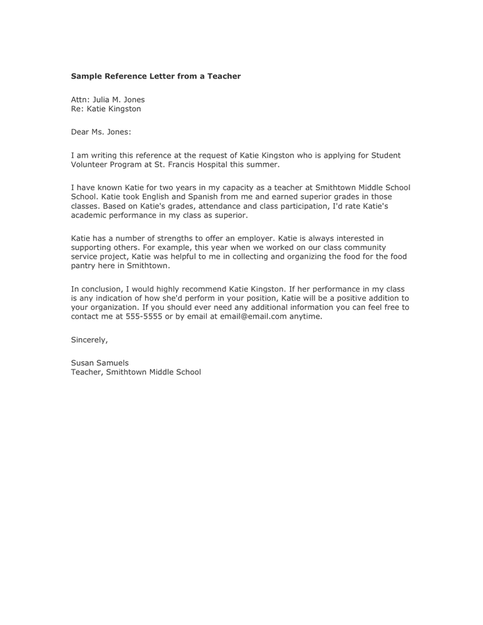 Reference Letter From A Teacher In Word And Pdf Formats
