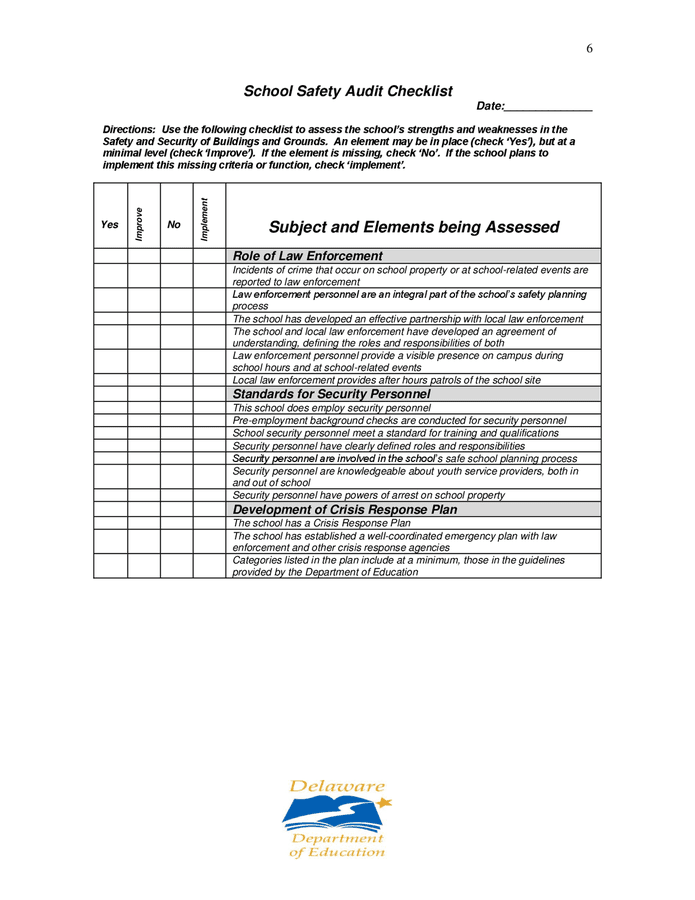 School safety audit checklist in Word and Pdf formats - page 6 of 9
