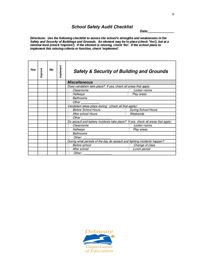 School safety audit checklist in Word and Pdf formats - page 9 of 9