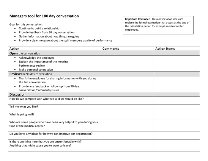 30-90-180 day conversations with your new employee in Word and Pdf ...