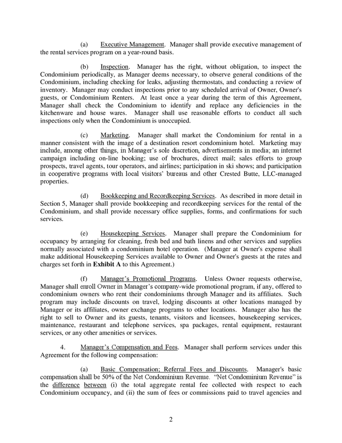 Condominium resort rental management agreement sample in Word and Pdf ...