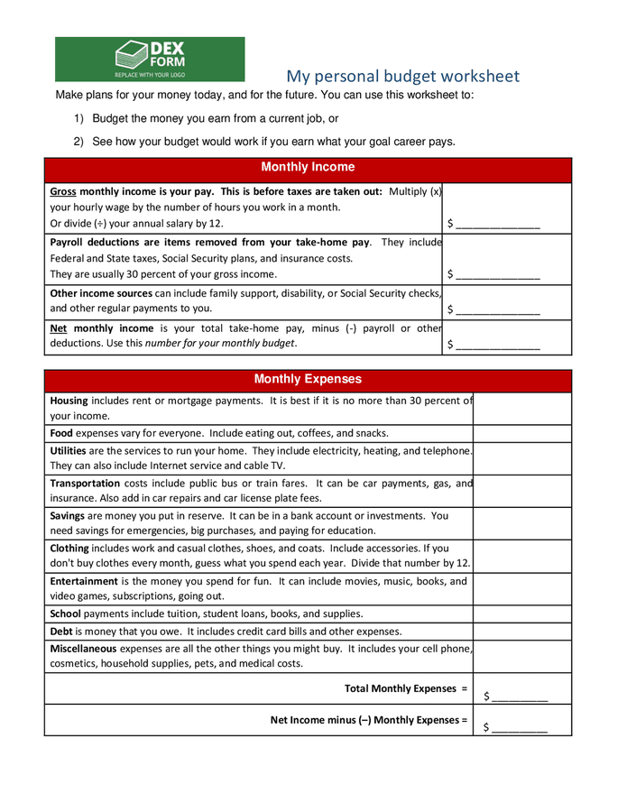 Personal budget worksheet in Word and Pdf formats