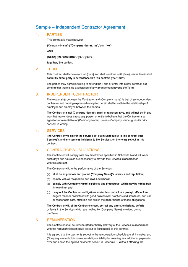 Sample independent contractor agreement in Word and Pdf formats