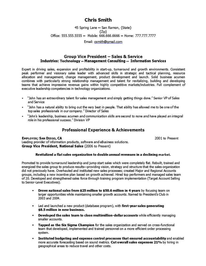 Executive resume sample for sales vp in Word and Pdf formats