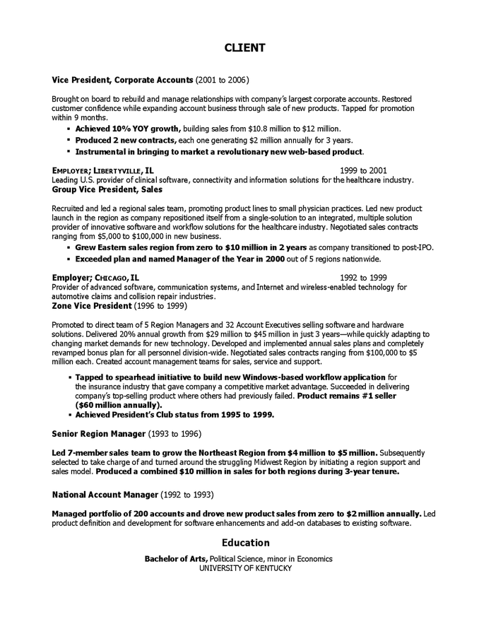 Executive resume sample for sales vp in Word and Pdf formats - page 2 of 2