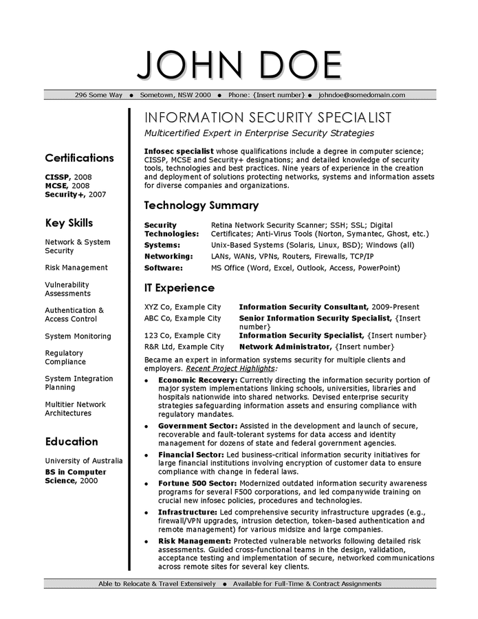 CV template - information security specialist in Word and Pdf formats