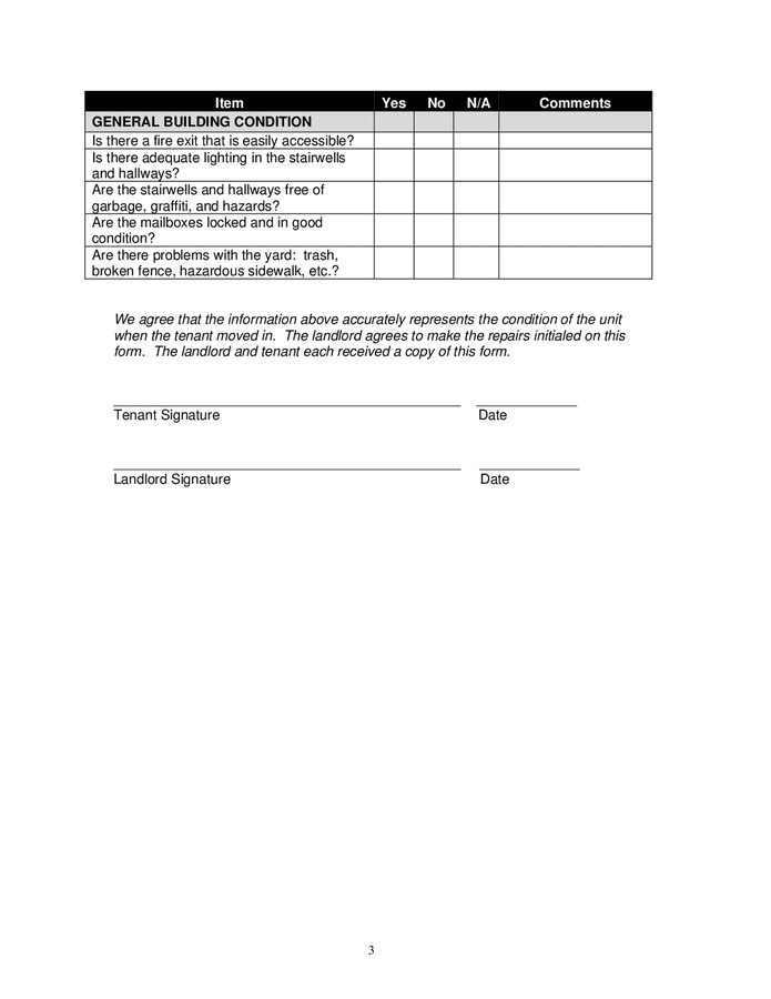 Move-in inspection form in Word and Pdf formats - page 3 of 3