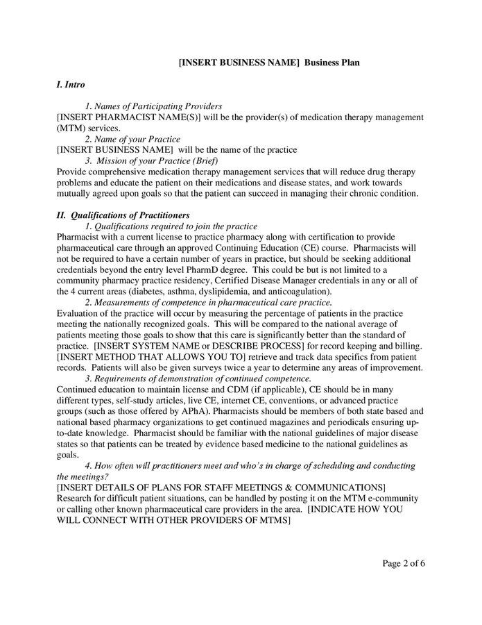 Sample business plan - pharmacist in Word and Pdf formats - page 2 of 6