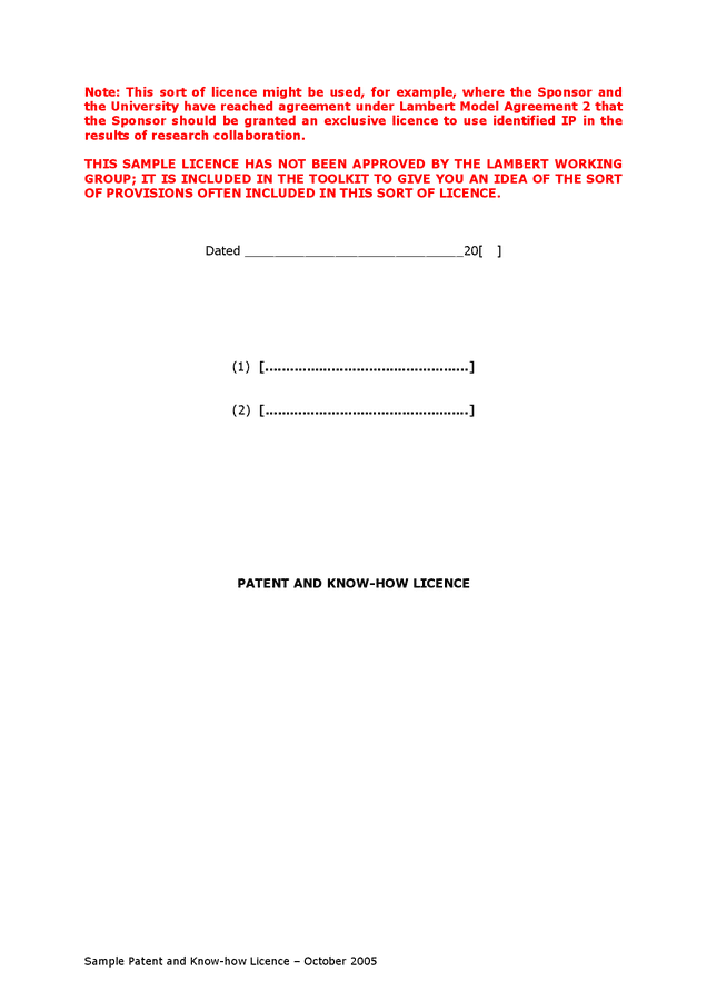 Patent and know-how licence template (UK) in Word and Pdf formats