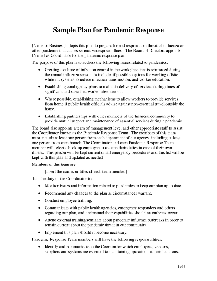 Sample plan for pandemic response in Word and Pdf formats