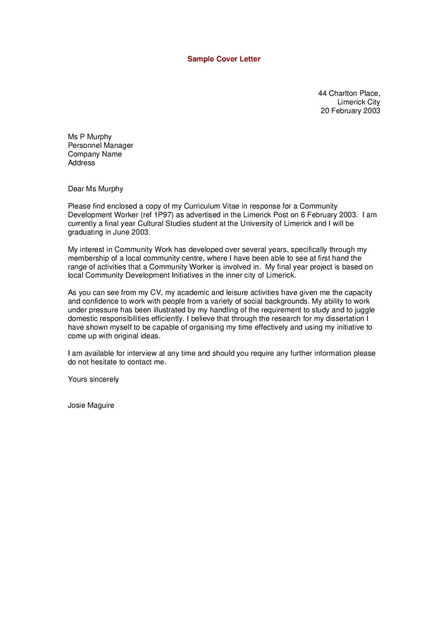 Sample Cover Letter In Word And Pdf Formats Sample Cover Letter In Word And Pdf Formats