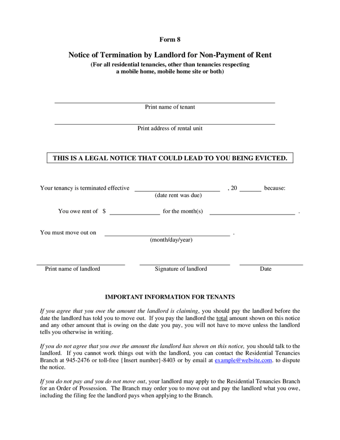 Notice of termination by landlord for non-payment of rent in Word and ...